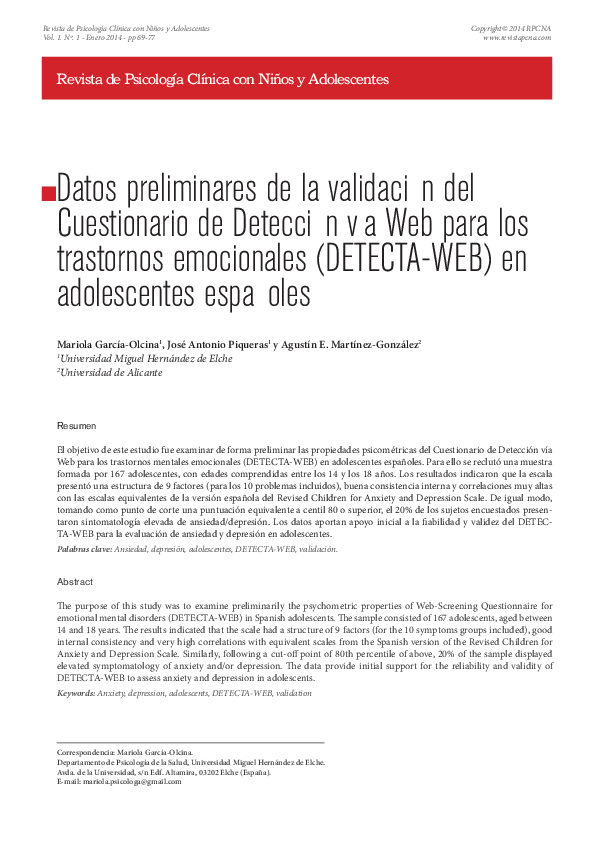 Pdf Preliminary Data Of Validation Of The Web Based Screening Questionnaire For Emotional