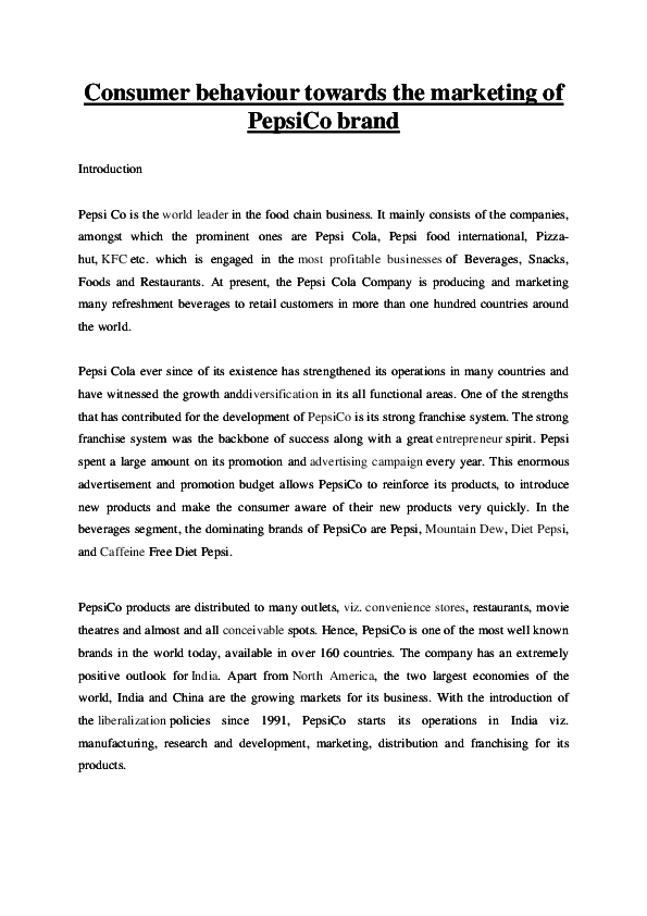 (DOC) Consumer behaviour towards the marketing of Pepsi Co brand