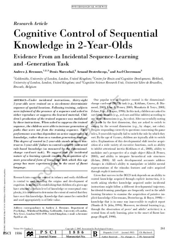 (PDF) Cognitive Control of Sequential Knowledge in 2-Year-Olds ...