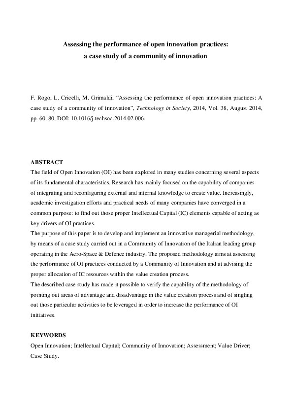(PDF) Assessing the performance of open innovation practices: a case ...