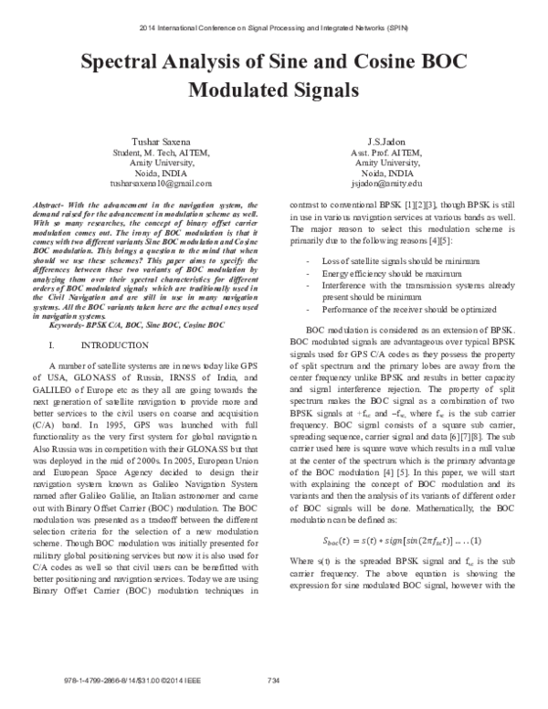 (PDF) Spectral Analysis of Sine and Cosine BOC Modulated Signals