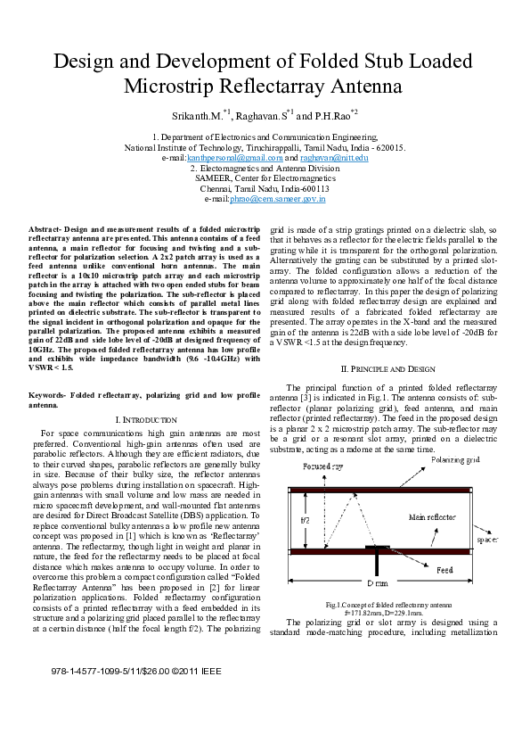 (PDF) Design and Development of Folded Stub Loaded Microstrip Reflectarray Antenna