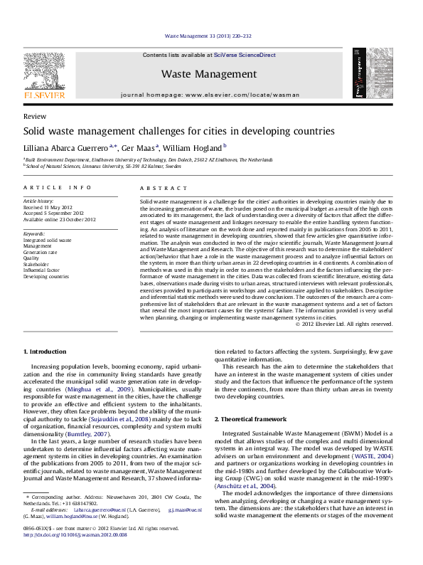 (PDF) Solid waste management challenges for cities in developing countries