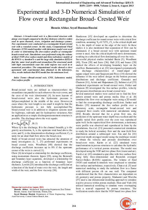 (PDF) Experimental and 3-D Numerical Simulation of Flow over a Rectangular Broad- Crested Weir