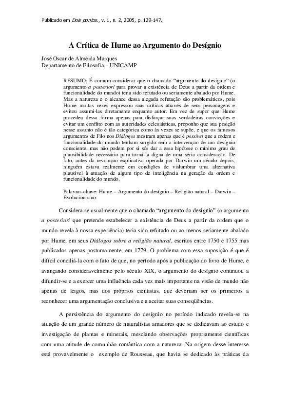 (PDF) A Crítica de Hume ao Argumento do Desígnio