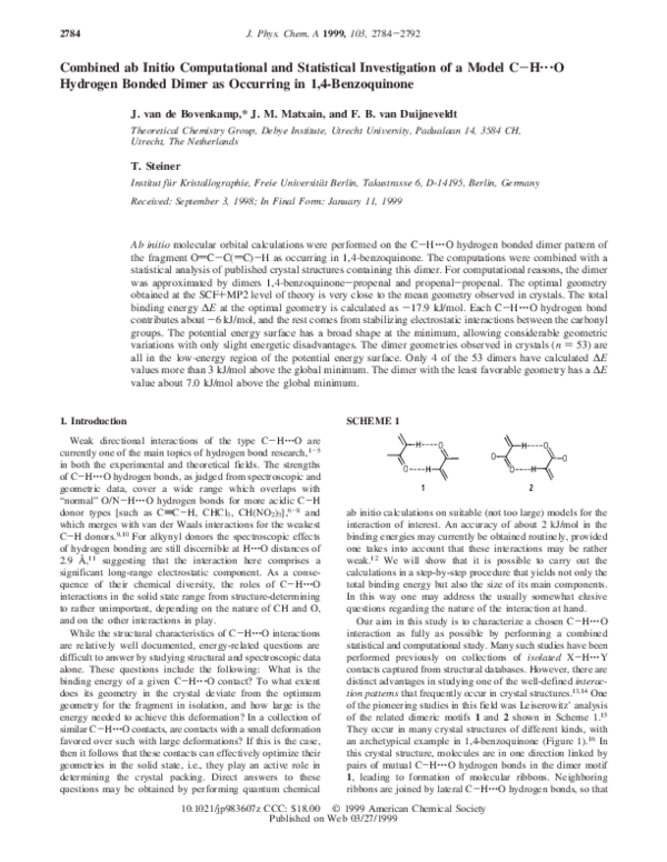 Pdf Combined Ab Initio Computational And Statistical Investigation Of A Model C H‚‚‚o Hydrogen