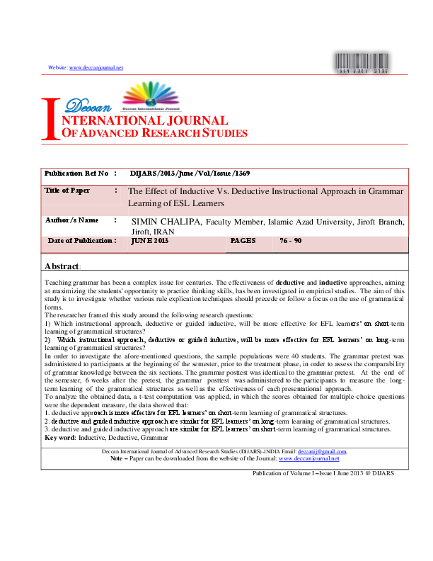Pdf The Effect Of Inductive Vs Deductive Instructional Approach In