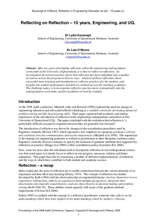 (PDF) Reflecting on Reflection - 10 years, Engineering, and UQ | Lydia ...