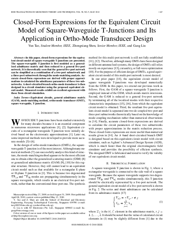 (PDF) Closed-Form Expressions for the Equivalent Circuit Model of Square-Waveguide T-Junctions ...