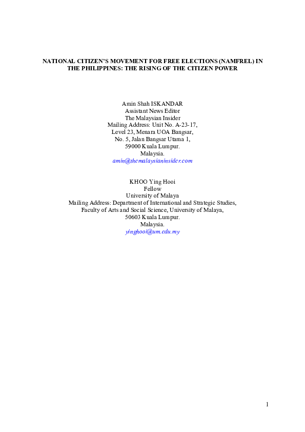 (PDF) NAMFREL in the Philippines : The Rising of the Citizen Power