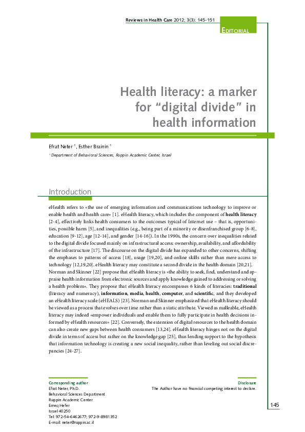 (PDF) eHealth literacy: A marker for "digital divide" in health information
