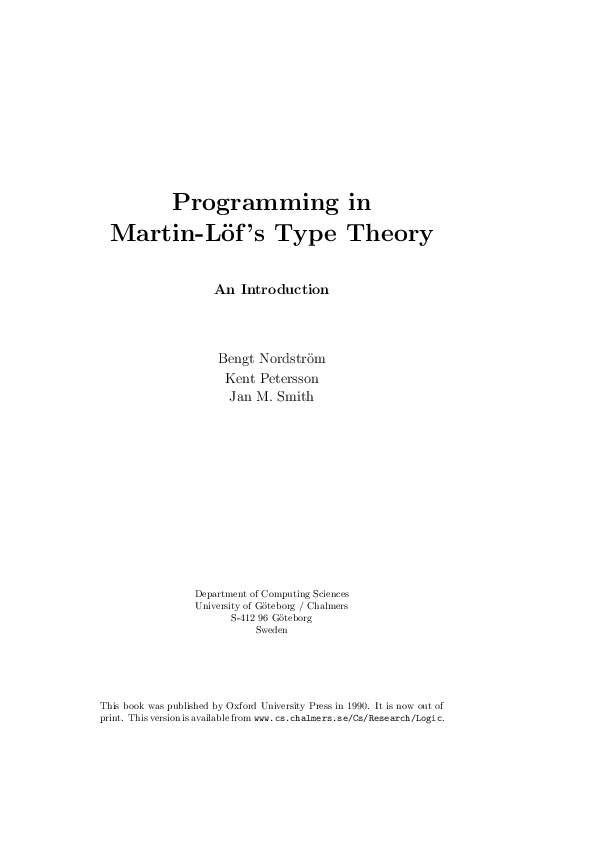 (PDF) Programming in Martin-Löf's Type Theory: An Introduction | Kent ...