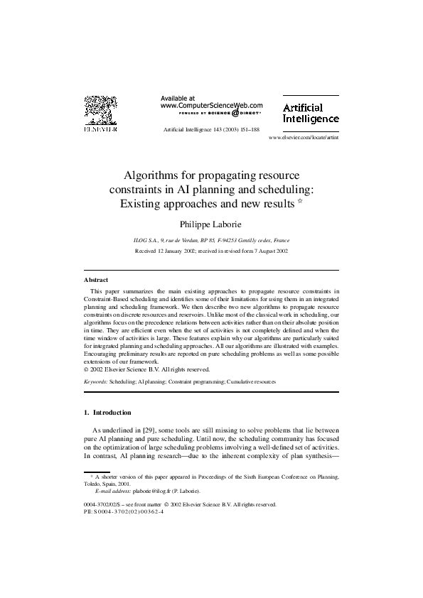 Pdf Algorithms For Propagating Resource Constraints In Ai Planning And Scheduling Existing
