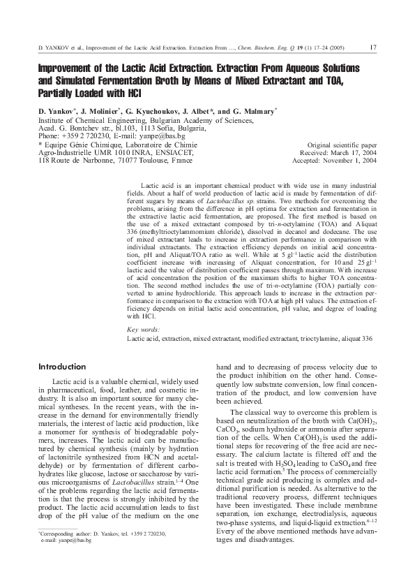 (PDF) Improvement of the Lactic Acid Extraction. Extraction From ...