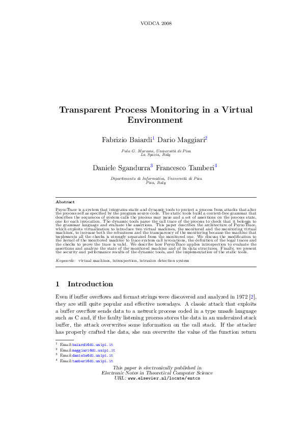(PDF) Transparent Process Monitoring in a Virtual Environment | Fabrizio Baiardi - Academia.edu
