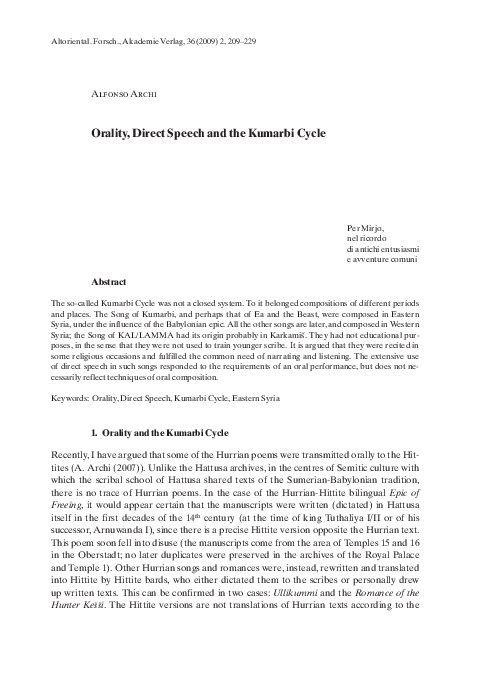 (PDF) Orality, Direct Speech and the Kumarbi Cycle