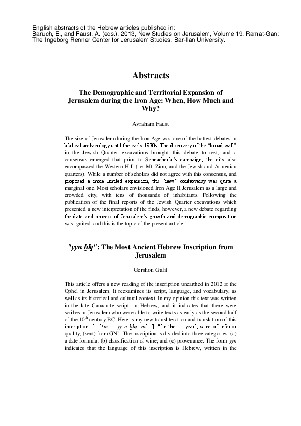 (PDF) Baruch, E., and Faust, A., (eds.), 2013, New Studies on Jerusalem ...