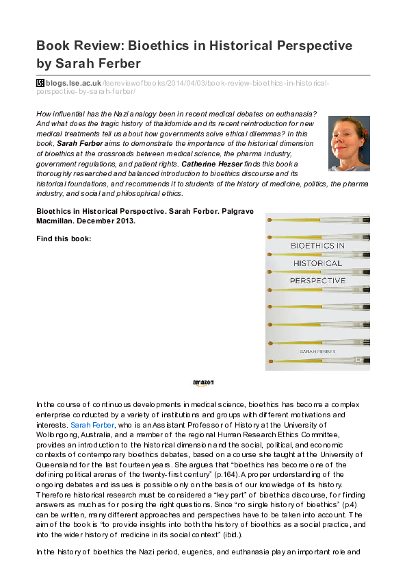 (PDF) "Review of: Sarah Ferber, Bioethics in Historical Perspective ...