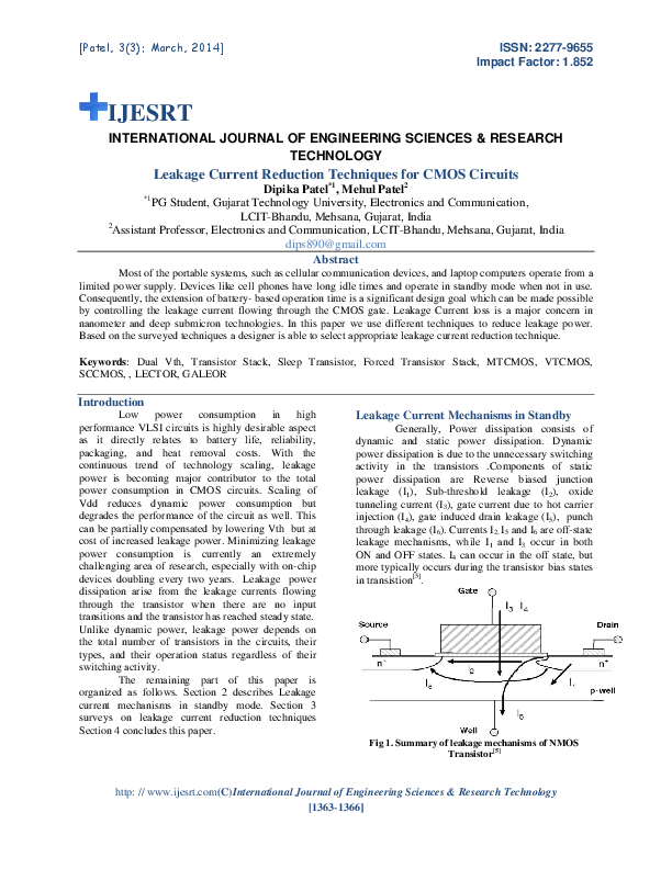 Pdf Leakage Current Reduction Techniques For Cmos Circuits