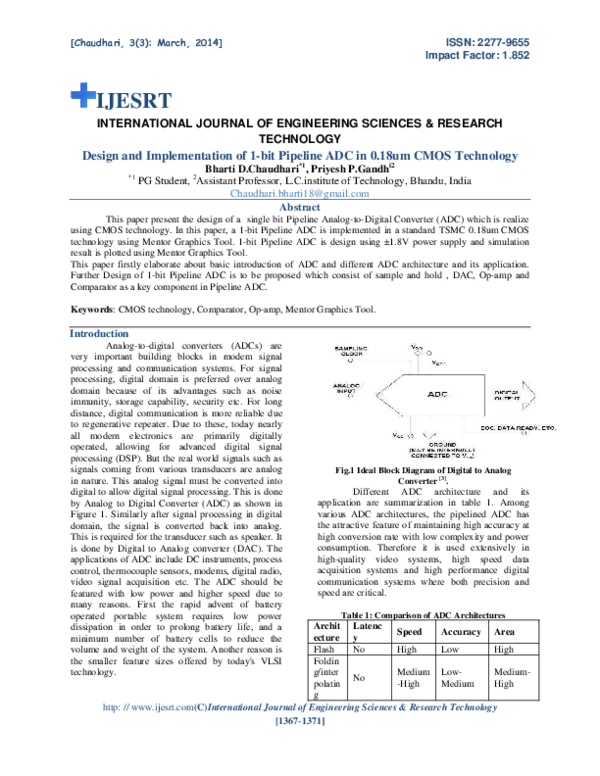 Pdf Design And Implementation Of 1 Bit Pipeline Adc In 018um Cmos