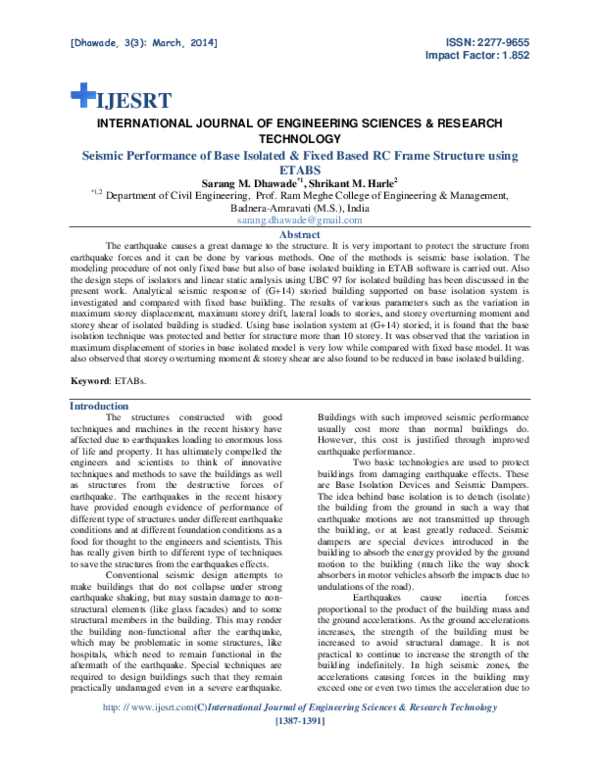 Pdf Seismic Performance Of Base Isolated And Fixed Based Rc Frame Structure Using Etabs