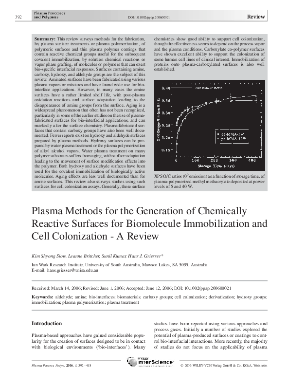 (PDF) Plasma Methods for the Generation of Chemically Reactive Surfaces ...