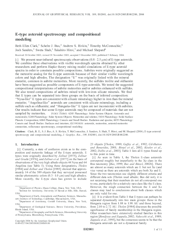 (PDF) E-type asteroid spectroscopy and compositional modeling (PDF) E-type asteroid spectroscopy and compositional modeling
