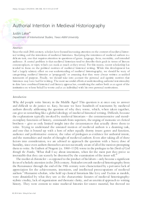(PDF) Authorial Intention in Medieval Historiography