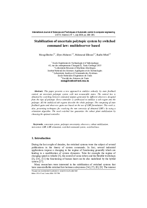 (PDF) Stabilization of uncertain polytopic system by switched command law: multiobserver based ...