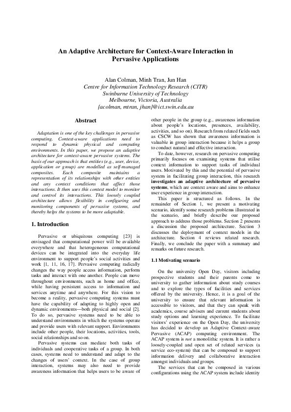 Pdf An Adaptive Architecture For Context Aware Interaction In Pervasive Applications