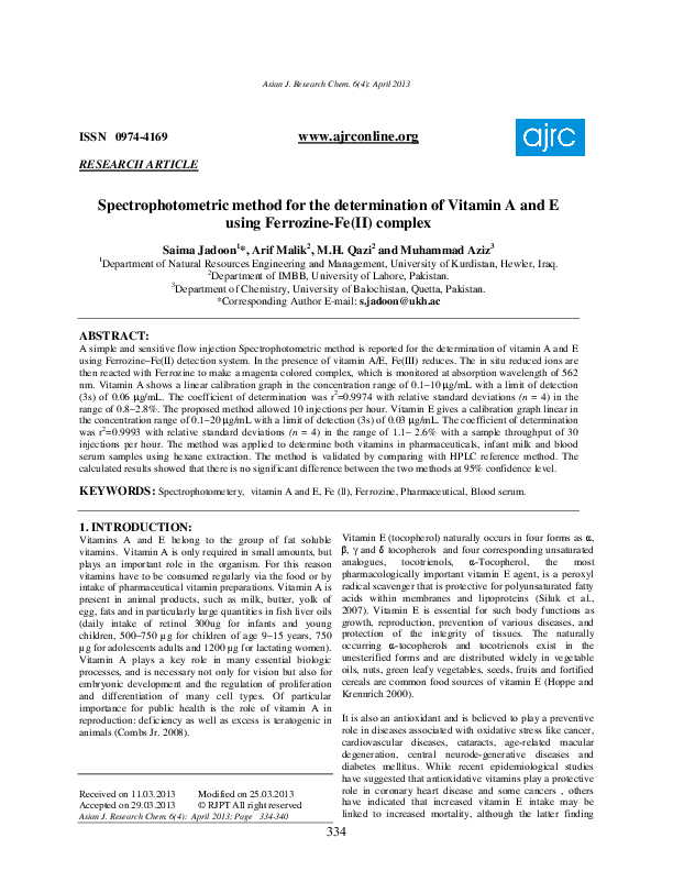 (PDF) Spectrophotometric method for the determination of Vitamin A and ...
