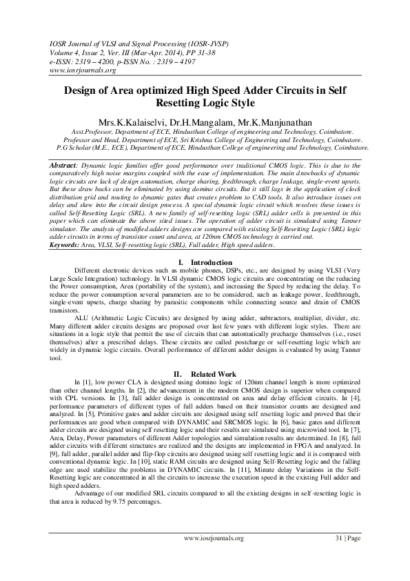(PDF) Design of Area optimized High Speed Adder Circuits in Self Resetting Logic Style