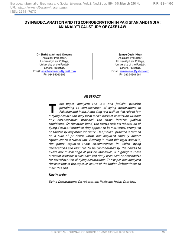 (PDF) DYING DECLARATION AND ITS CORROBORATION