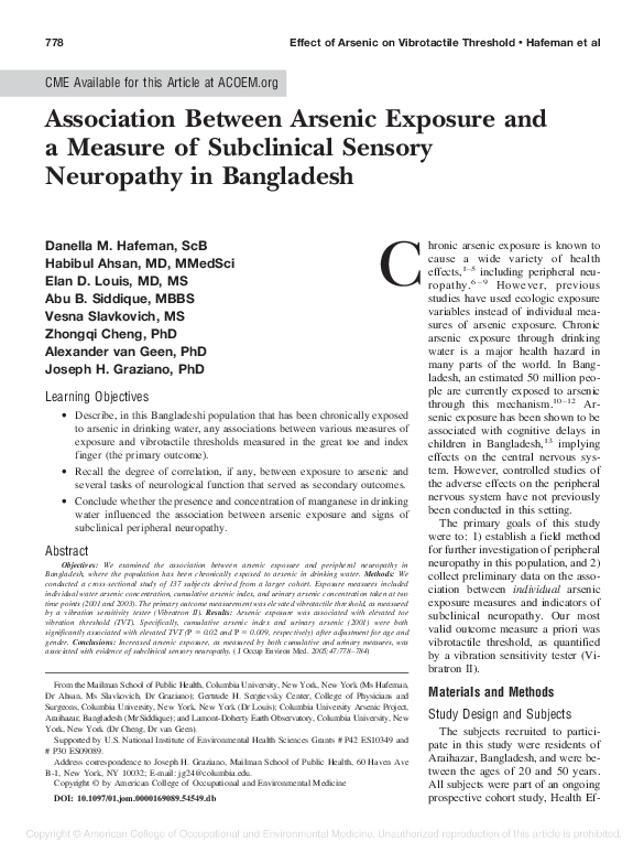 (PDF) Association Between Arsenic Exposure and a Measure of Subclinical ...