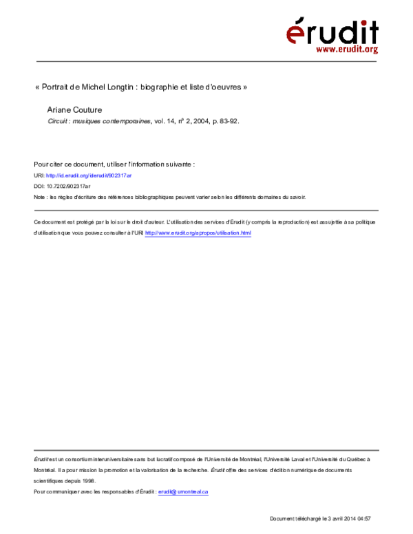 (PDF) Portrait de Michel Longtin : Biographie et liste d'oeuvres