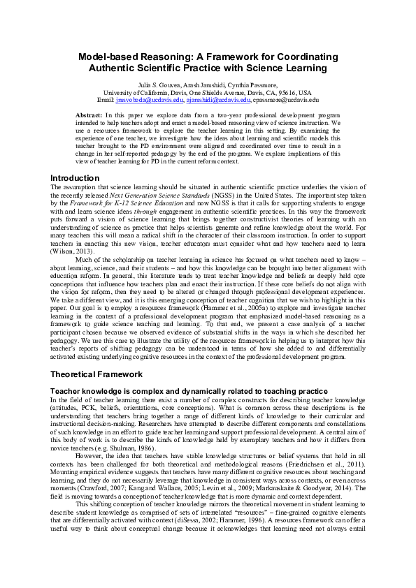(PDF) Model-based Reasoning: A Framework for Coordinating Authentic Scientific Practice with ...