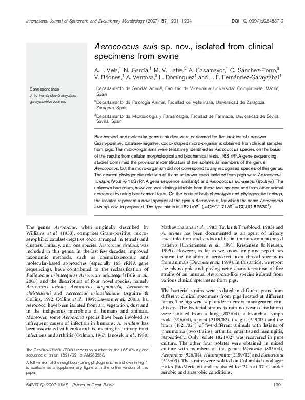 (PDF) Aerococcus suis sp. nov., isolated from clinical specimens from ...