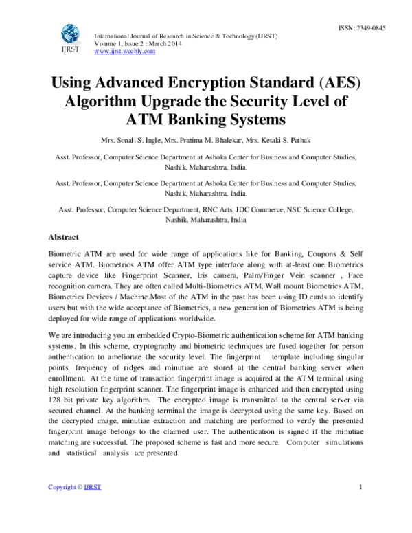 Pdf Using Advanced Encryption Standard Aes Algorithm Upgrade The Security Level Of Atm