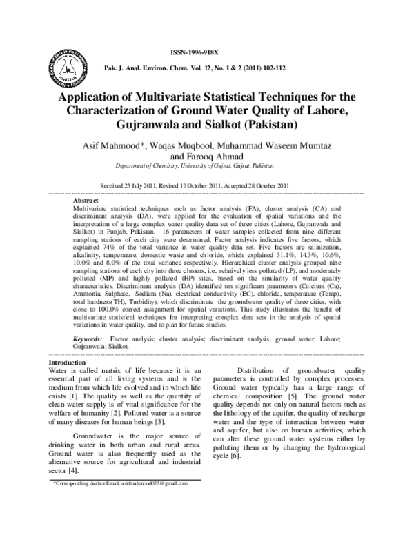 Pdf Application Of Multivariate Statistical Techniques For The Characterization Of Ground