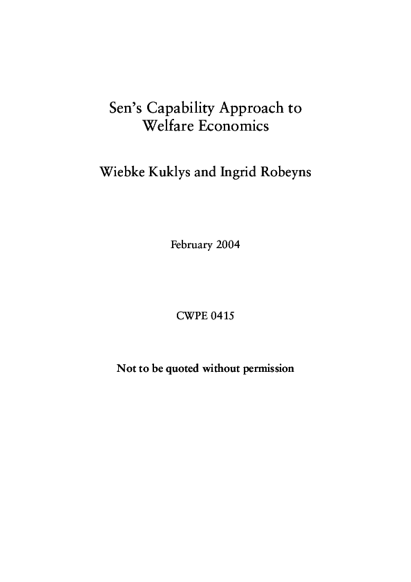 (PDF) Sen's capability approach to welfare economics