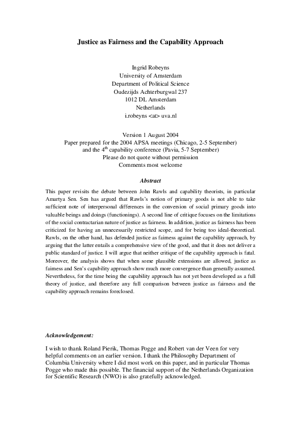 (PDF) Justice as fairness and the capability approach