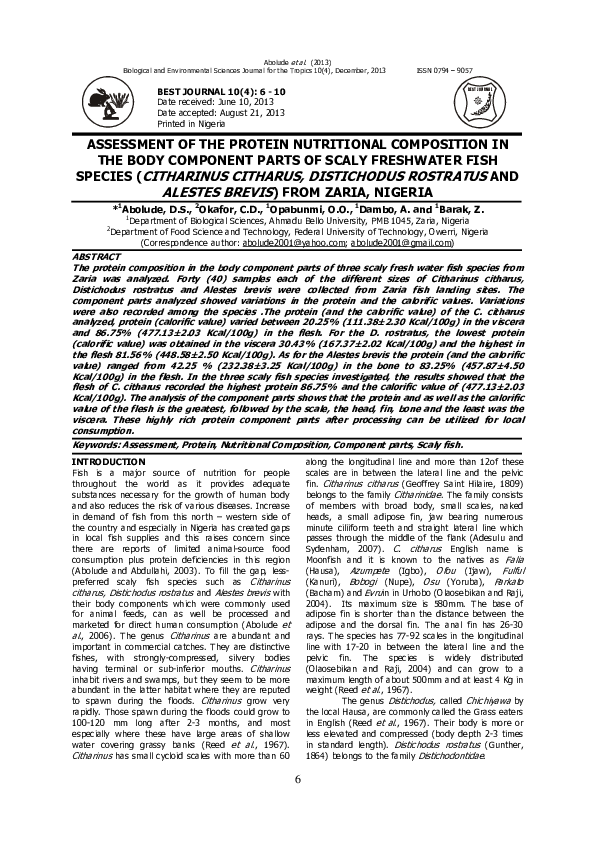 (PDF) ASSESSMENT OF THE PROTEIN NUTRITIONAL COMPOSITION IN THE BODY ...