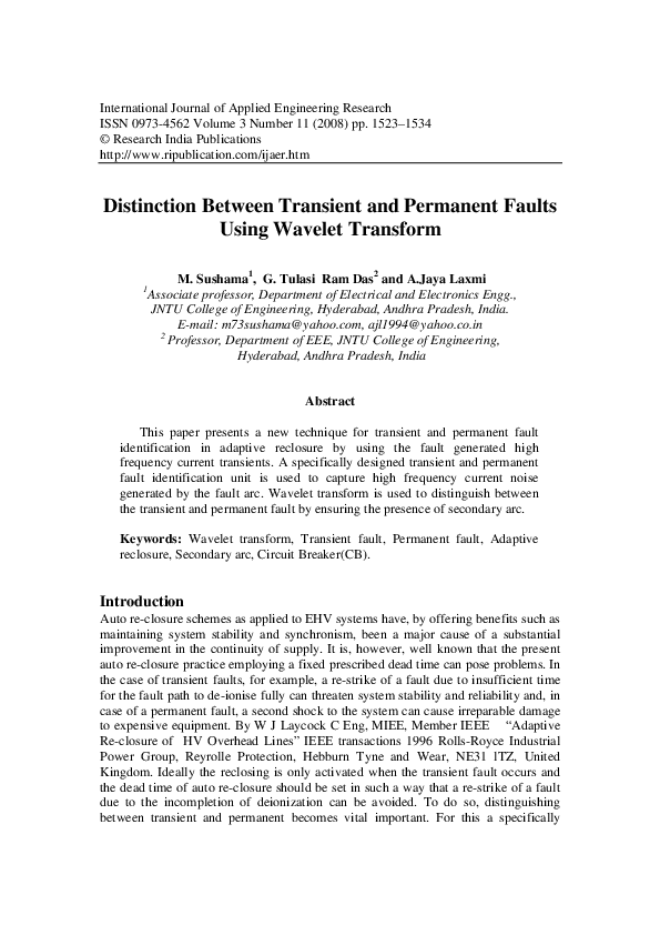 (PDF) Distinction Between Transient and Permanent Faults Using Wavelet Transform