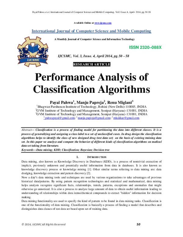 Pdf Performance Analysis Of Classification Algorithms Ijcsmc Journal