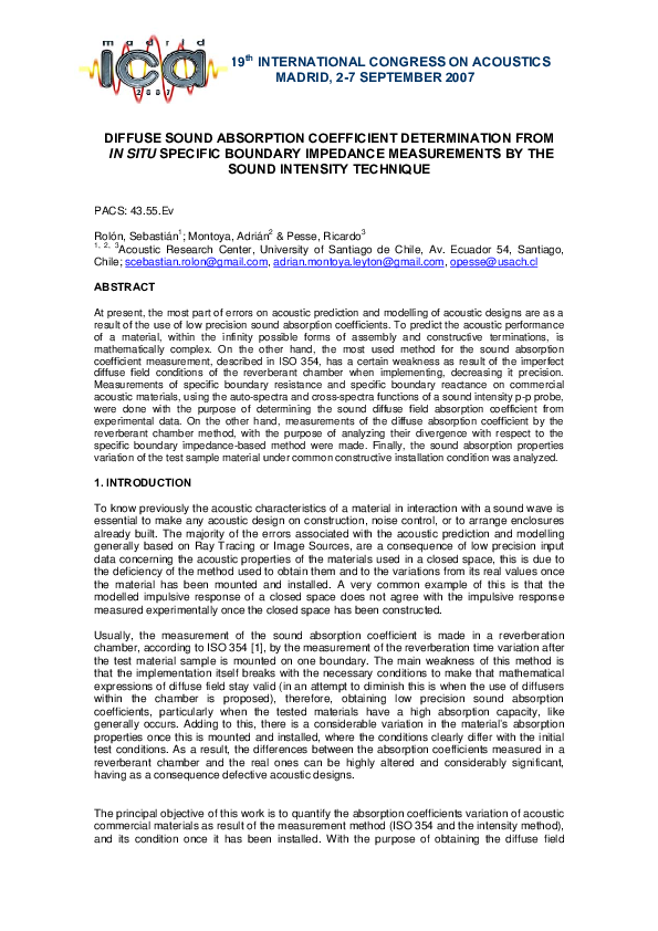 (PDF) DIFFUSE SOUND ABSORPTION COEFFICIENT DETERMINATION FROM IN SITU ...