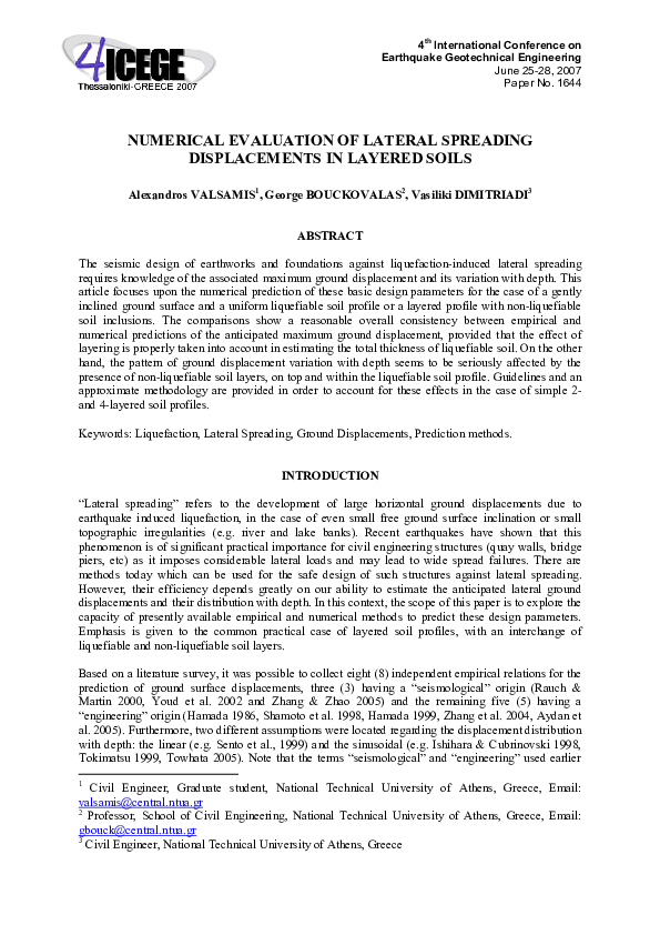 (PDF) NUMERICAL EVALUATION OF LATERAL SPREADING DISPLACEMENTS IN ...