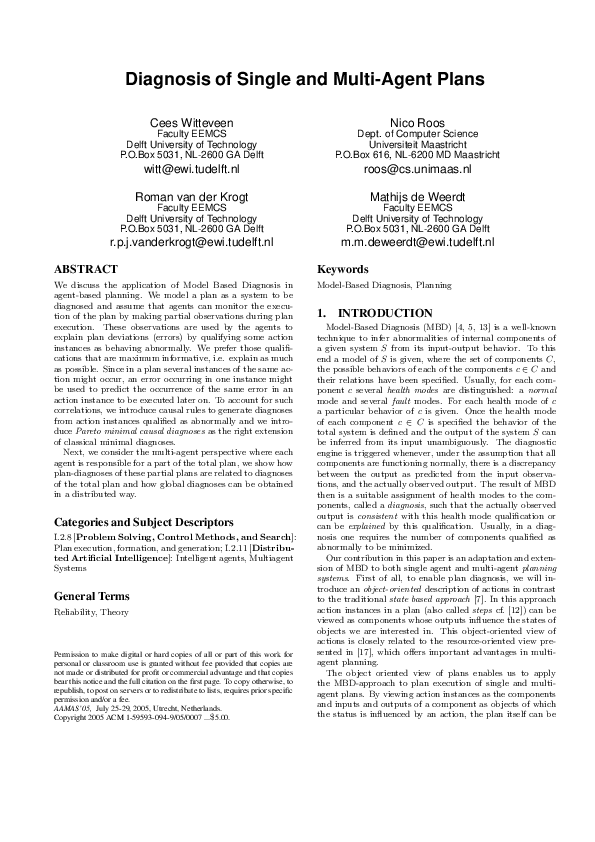 (PDF) Diagnosis of single and multi-agent plans