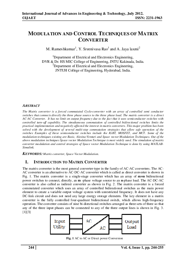 (PDF) MODULATION AND CONTROL TECHNIQUES OF MATRIX CONVERTER