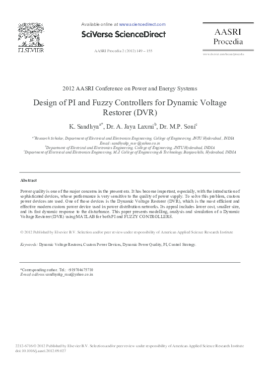 Pdf Design Of Pi And Fuzzy Controllers For Dynamic Voltage Restorer Dvr