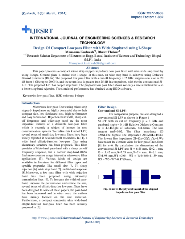 Pdf Design Of Compact Lowpass Filter With Wide Stopband Using I Shape